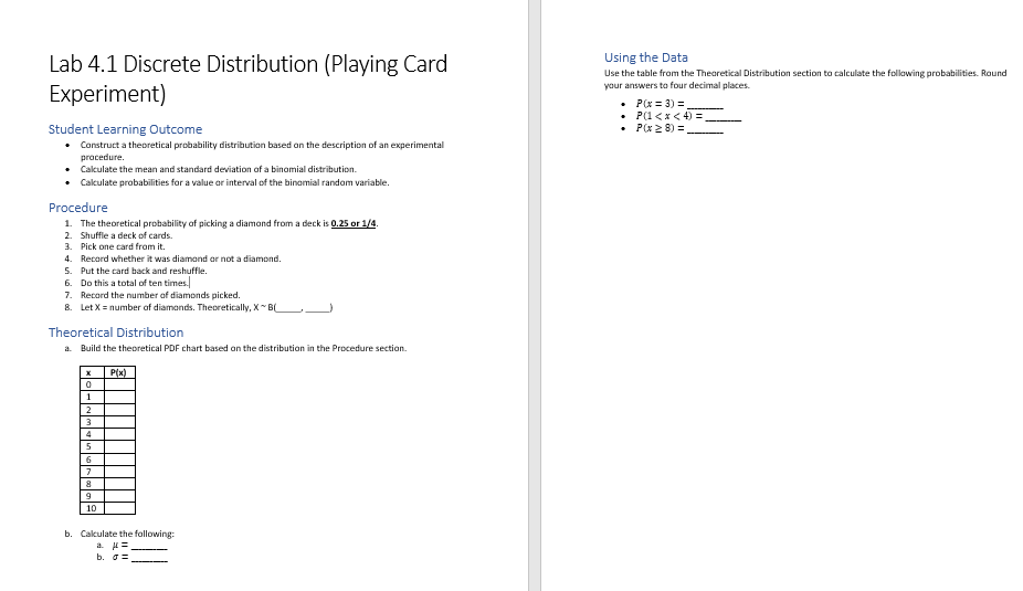 Solved Lab 4.1 Discrete Distribution (Playing Card Using the | Chegg.com