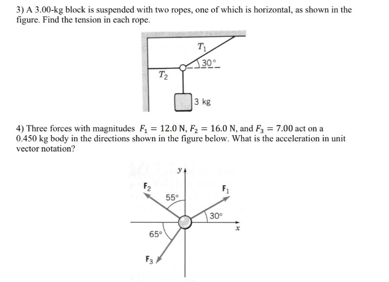 Solved 3) A 3.00−kg block is suspended with two ropes, one | Chegg.com