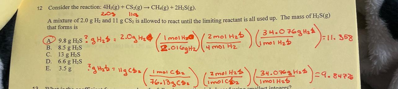 Solved 12 Consider the reaction: 4H2( g)+CS2( g)→CH4( g)+2H2 | Chegg.com
