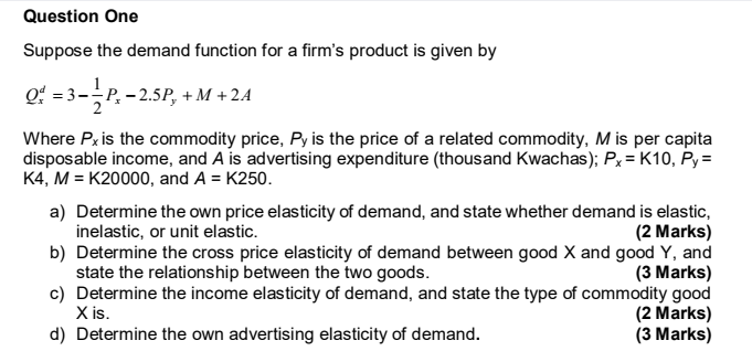 Solved Question One Suppose the demand function for a firm's | Chegg.com