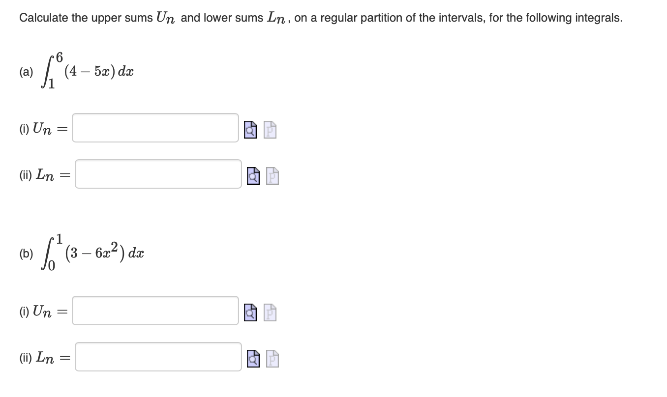 Solved Calculate the upper sums Un and lower sums Ln, on a | Chegg.com