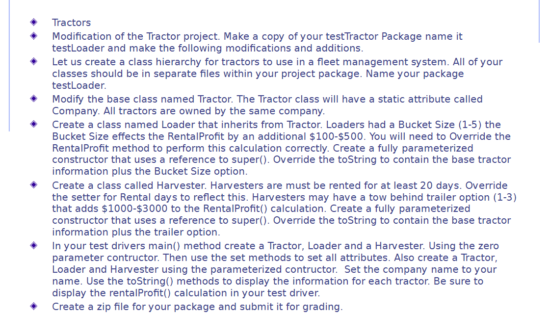 Solved Tractors Modification of the Tractor project. Make a | Chegg.com