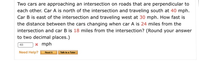 Solved Two cars are approaching an intersection on roads | Chegg.com