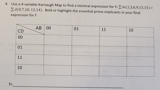 Solved 4. Use a 4 variable Karnaugh Map to find a minimal | Chegg.com