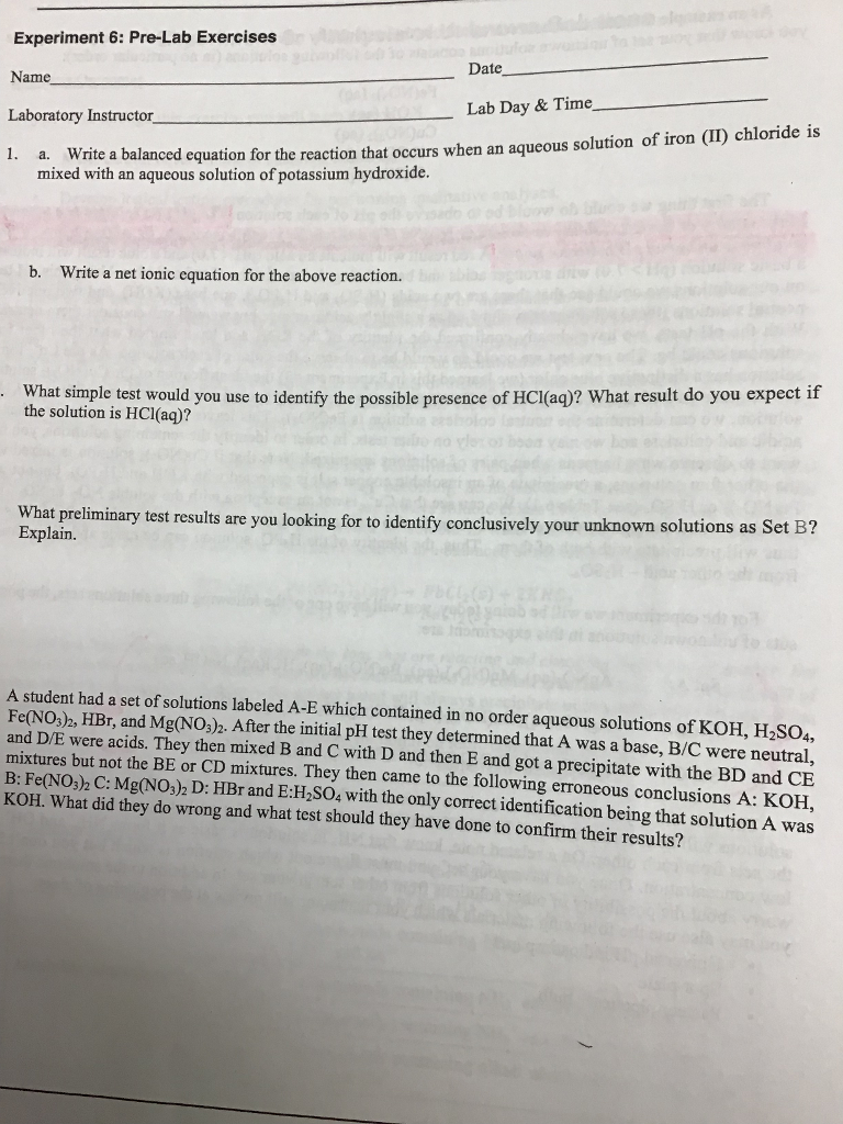 Experiment 6: Pre-Lab Exercises Name Laboratory | Chegg.com