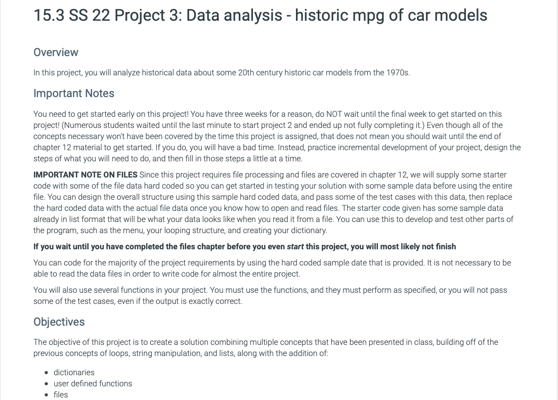 Solved 15.3 SS 22 Project 3: Data analysis - historic mpg of | Chegg.com