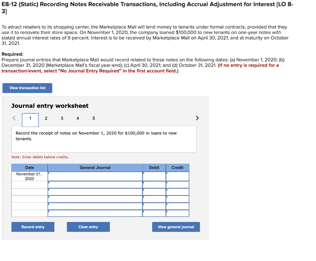 Solved E8-12 (Static) Recording Notes Receivable | Chegg.com