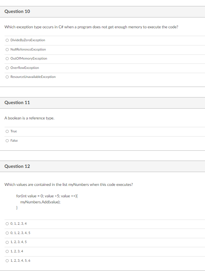 Solved Question 10 Which exception type occurs in C# when a | Chegg.com