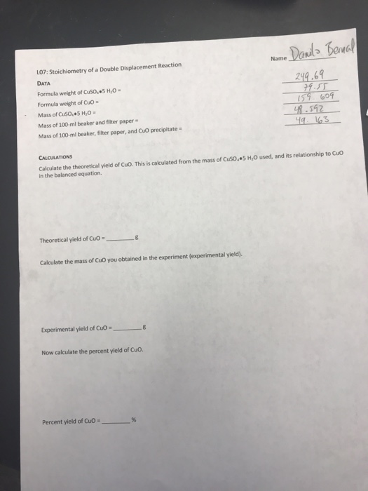 Solved Name LO7: Stoichiometry of a Double Displacement | Chegg.com