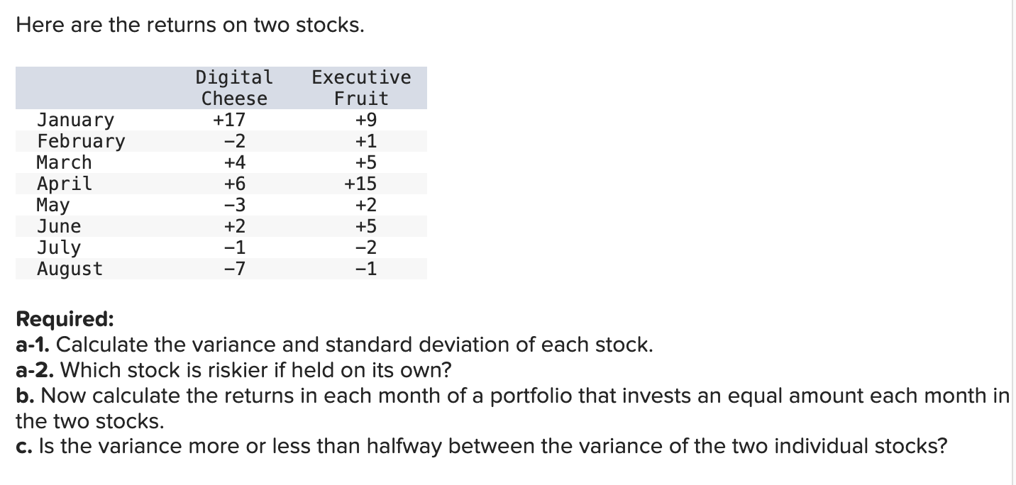 Solved Here are the returns on two stocks. Required: a-1. | Chegg.com