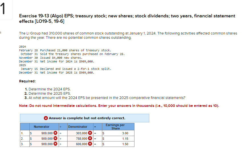 Solved Exercise 19-13 (Algo) EPS; treasury stock; new | Chegg.com