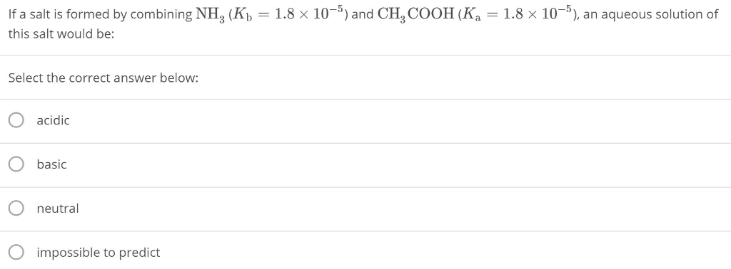 Solved If a salt is formed by combining NH3 (Kb this salt | Chegg.com