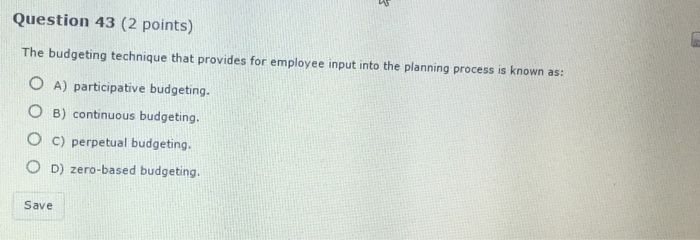 Solved The budgeting technique that provides for employee | Chegg.com