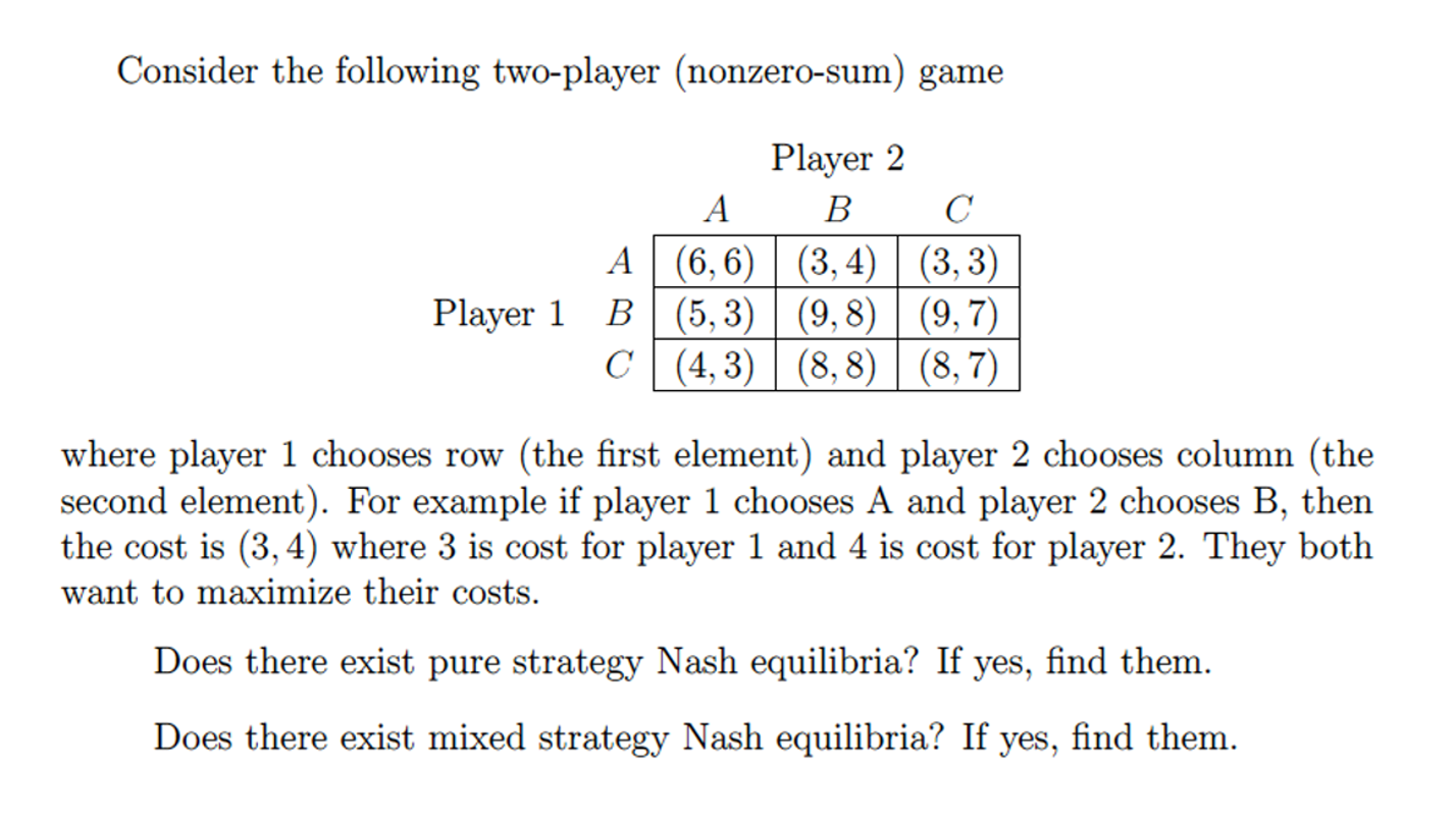 Solved Consider the following two-player (nonzero-sum) game | Chegg.com