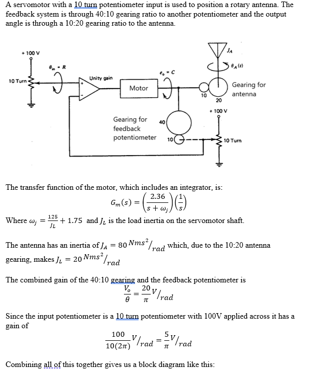 Solved A servomotor with a 10 turn potentiometer input is | Chegg.com