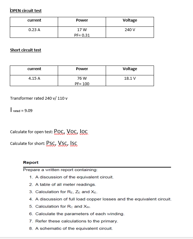 Solved OPEN circuit test Short circuit test Transformer | Chegg.com