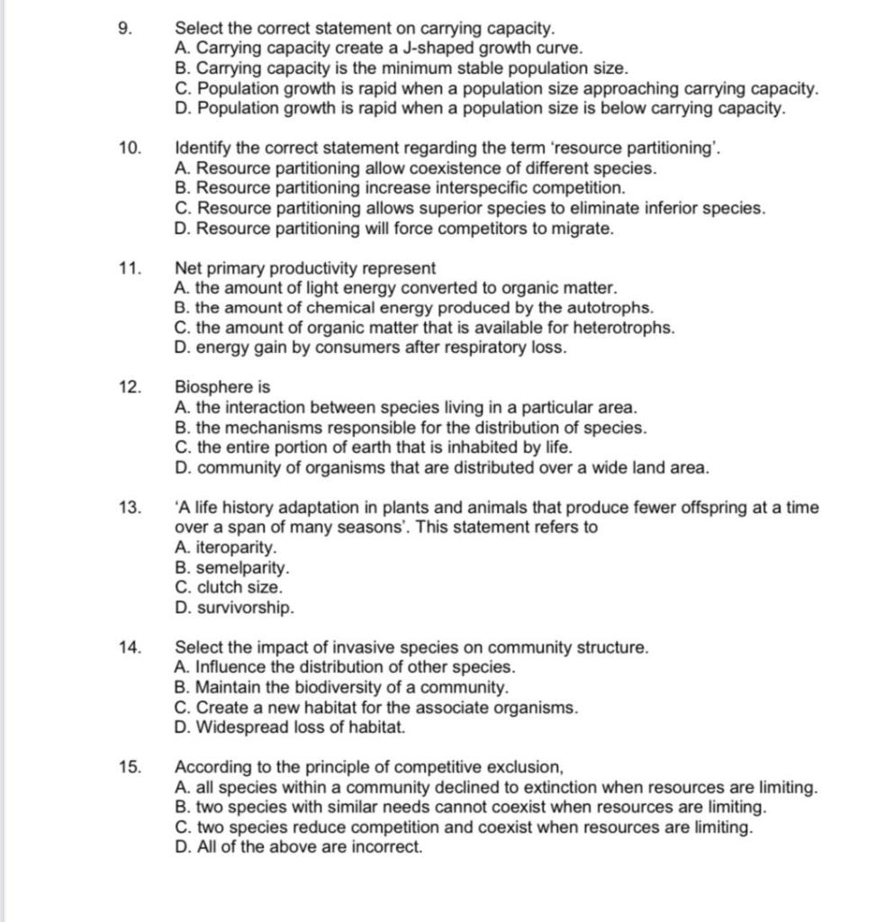 Solved 9. Select the correct statement on carrying capacity. | Chegg.com