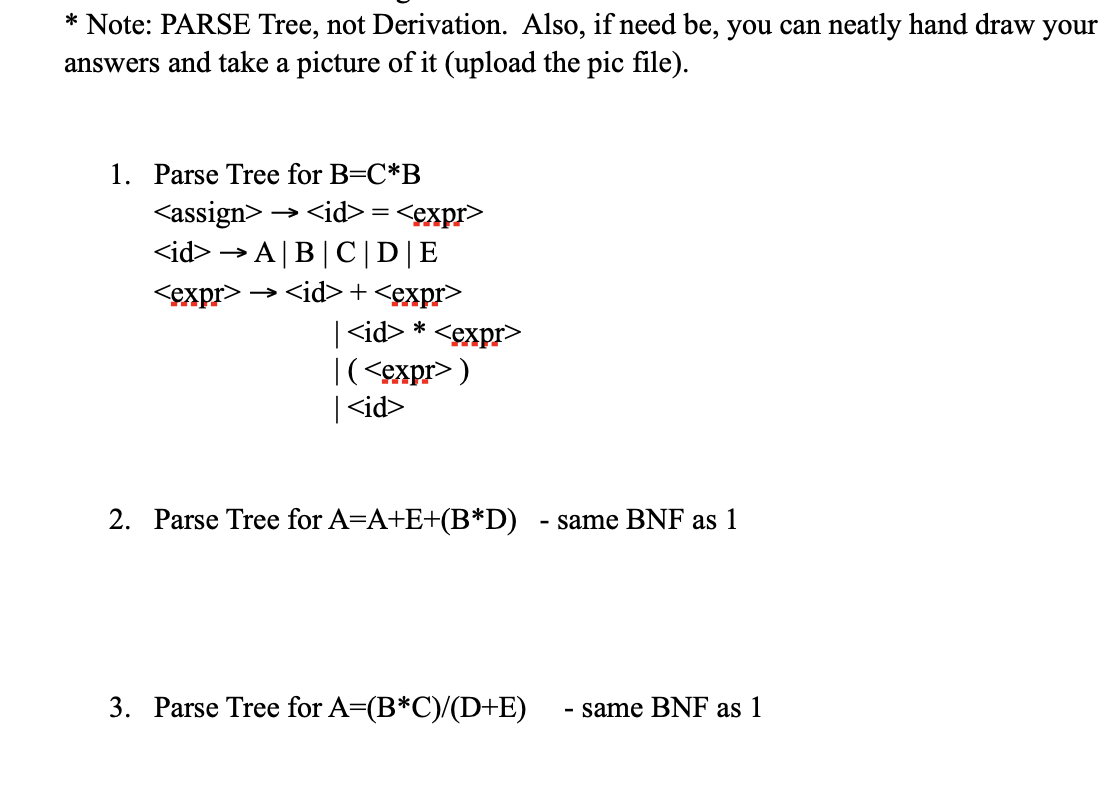Solved * Note: PARSE Tree, not Derivation. Also, if need be, | Chegg.com