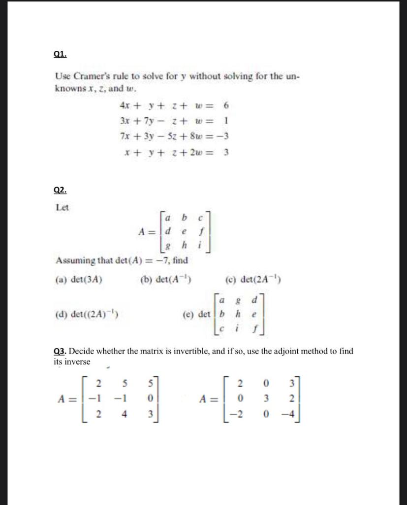 Solved 01. Use Cramer's rule to solve for y without solving | Chegg.com