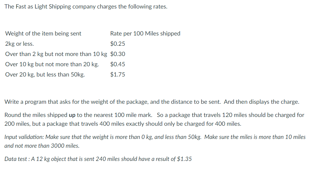 Solved The Fast as Light Shipping company charges the | Chegg.com