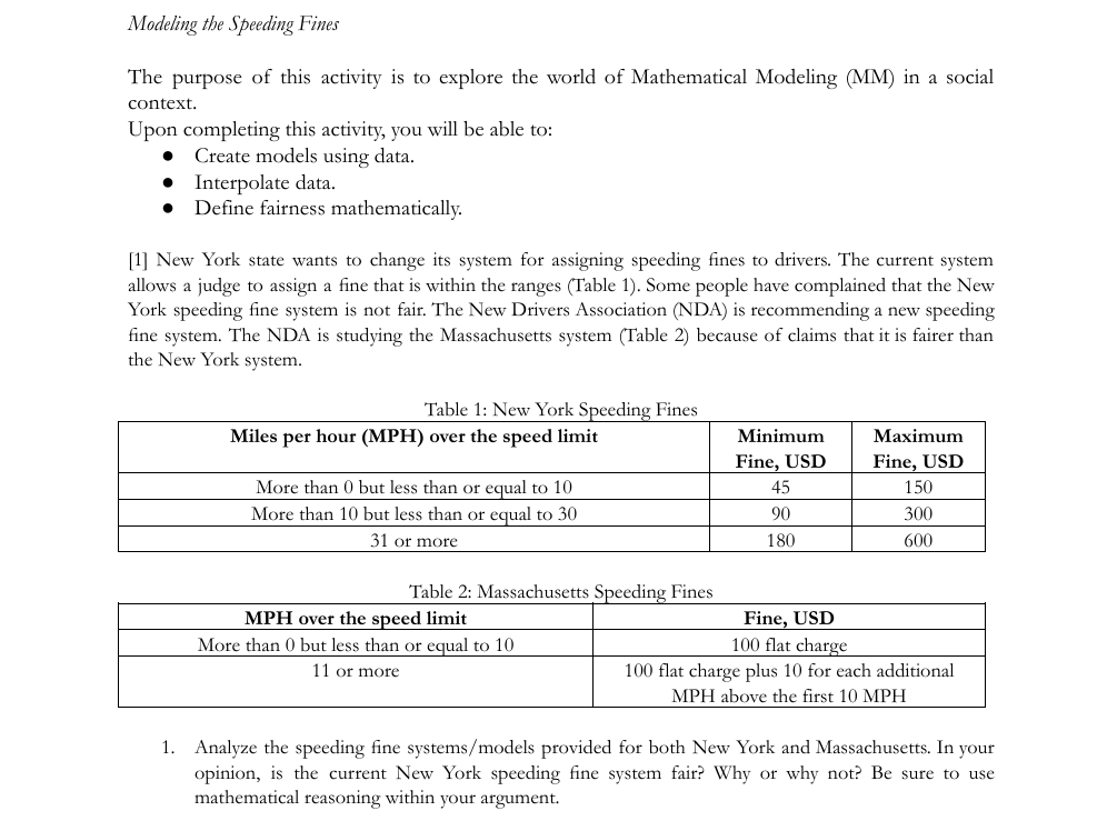Solved Modeling the Speeding Fines The purpose of this | Chegg.com