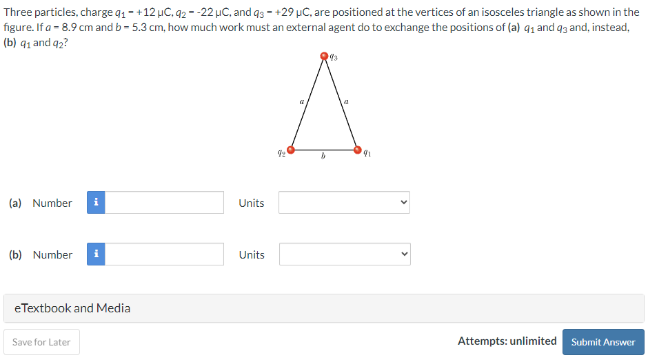 Solved Three particles, charge q1=+12μC,q2=-22μC, ﻿and | Chegg.com