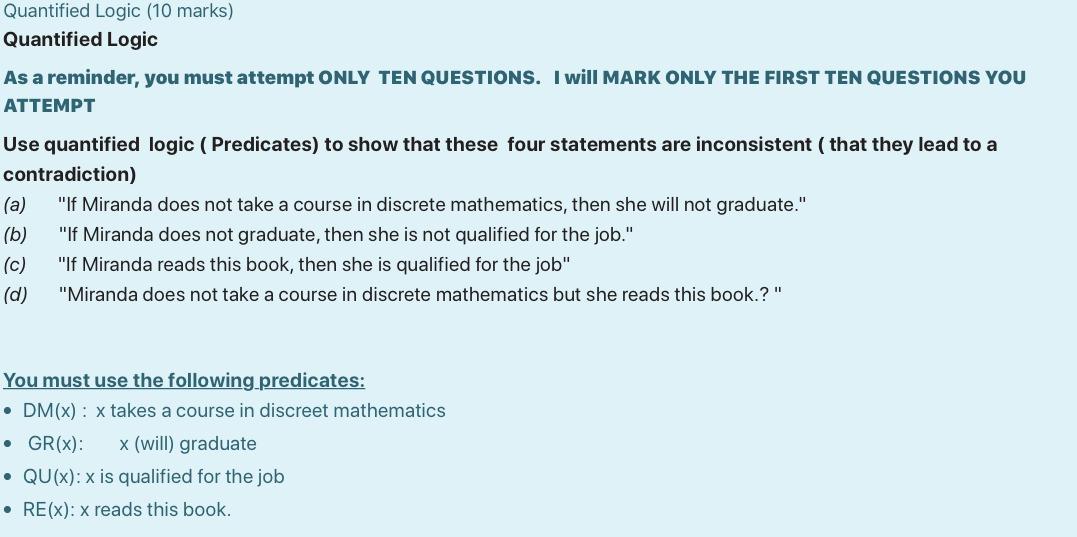Solved Quantified Logic (10 marks) Quantified Logic As a | Chegg.com