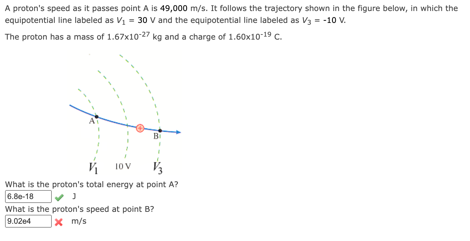 Solved A proton's speed as it passes point A is 49,000 m/s. | Chegg.com