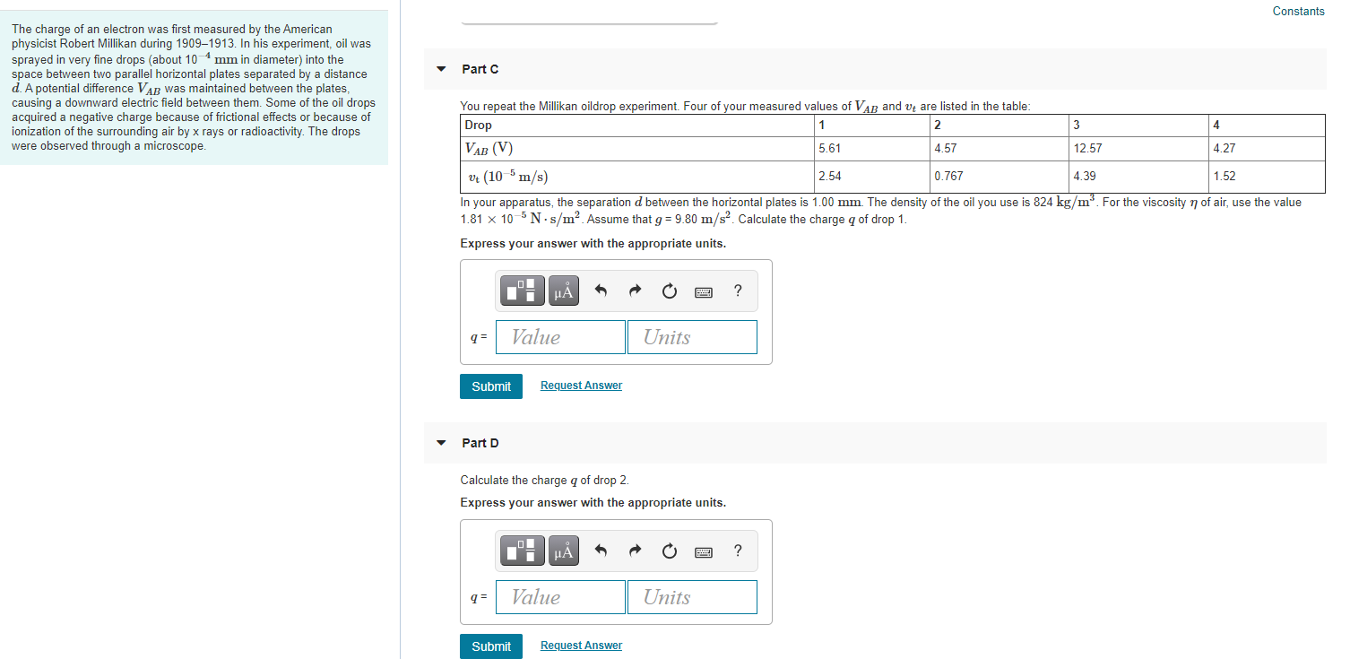 Solved Constants Part The charge of an electron was first | Chegg.com