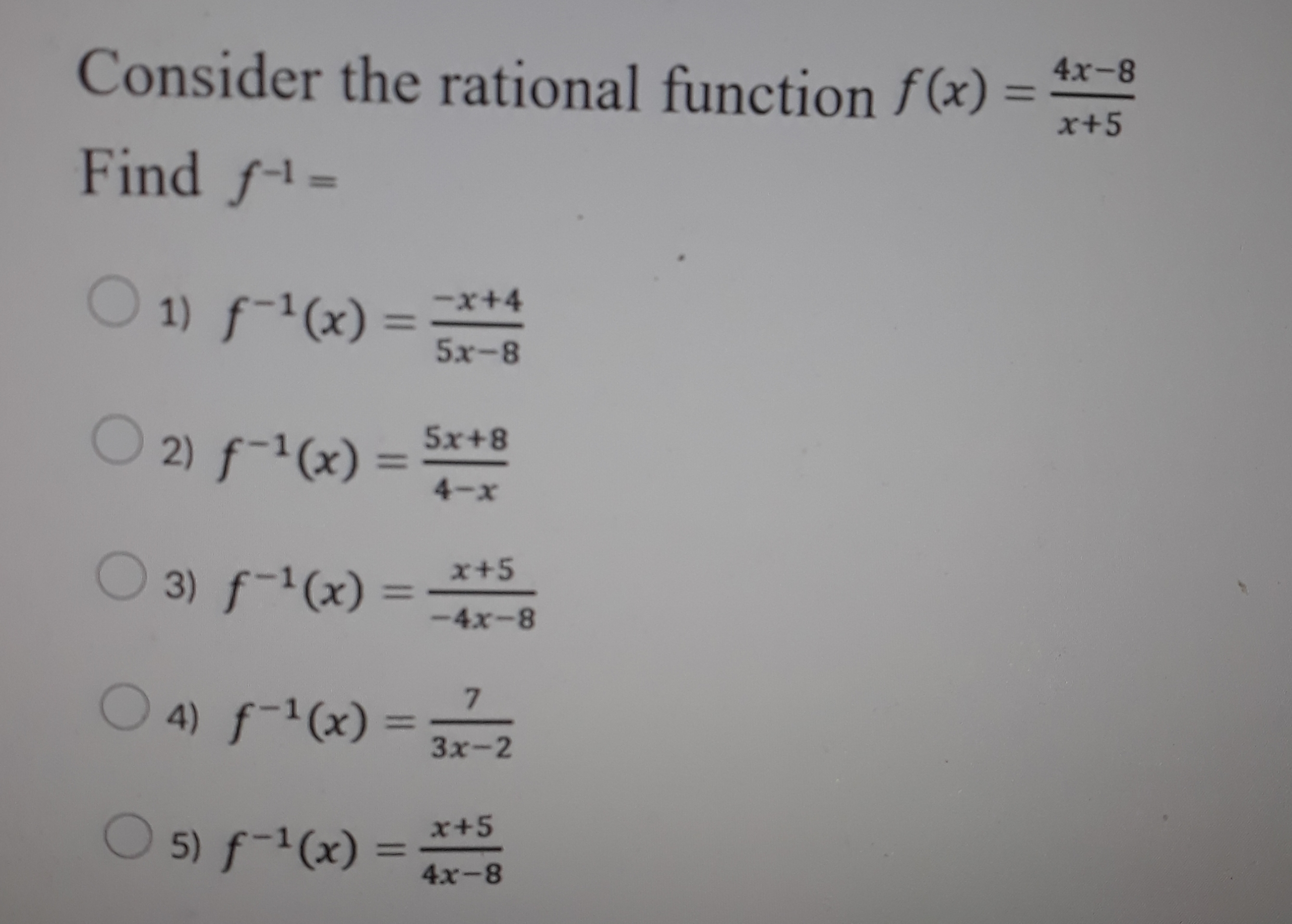 Solved Consider the rational function f(x)=x+54x−8 Find f−1= | Chegg.com