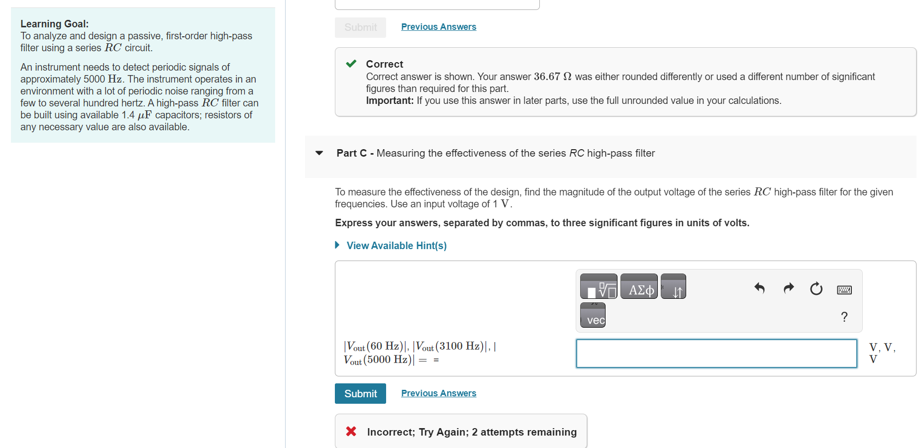 Solved Learning Goal: To analyze and design a passive, | Chegg.com