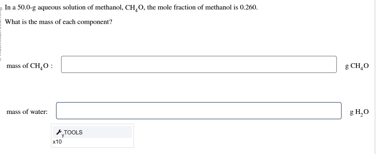 Solved In a 50.0-g aqueous solution of methanol, CH4O, the | Chegg.com