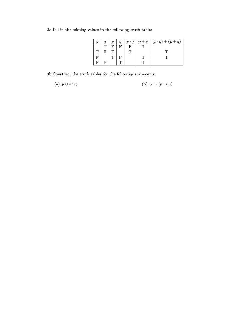 Solved 3a Fill in the missing values in the following truth | Chegg.com