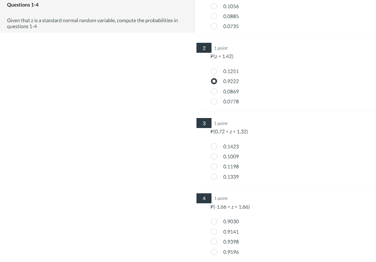Solved Questions 1-4 Given that z is a standard normal | Chegg.com
