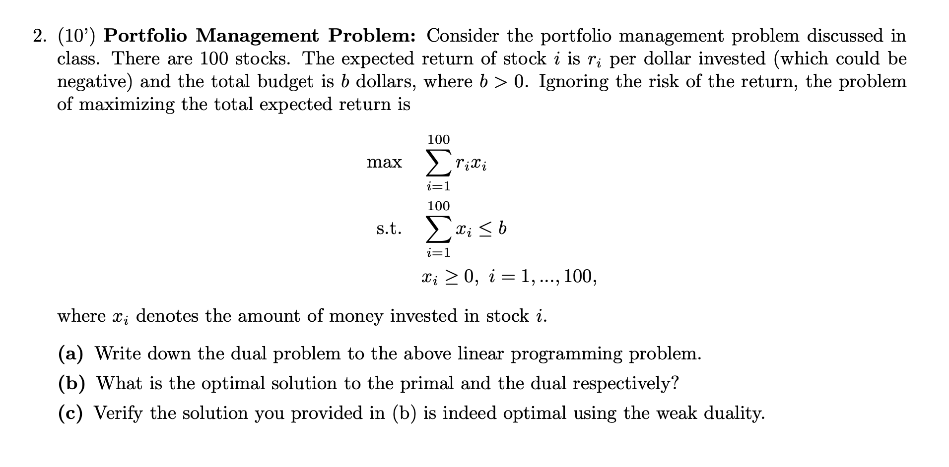 Solved 2. (10) Portfolio Management Problem: Consider the | Chegg.com