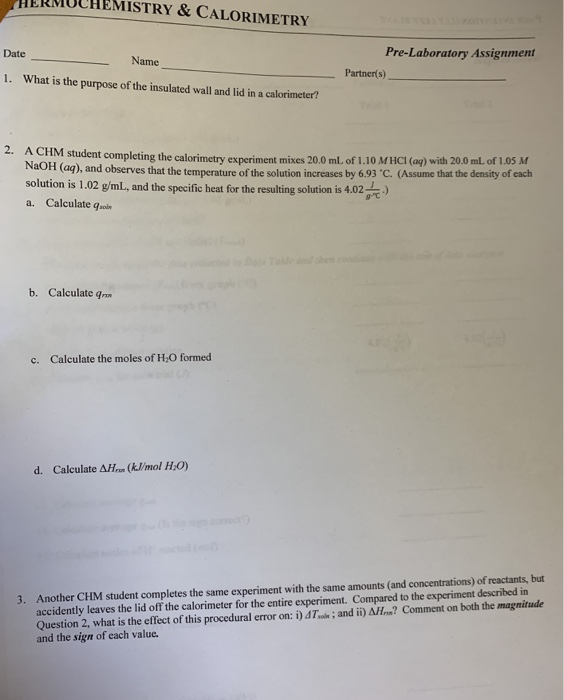 Solved IERMOCHEMISTRY & CALORIMETRY Date Pre-Laboratory | Chegg.com