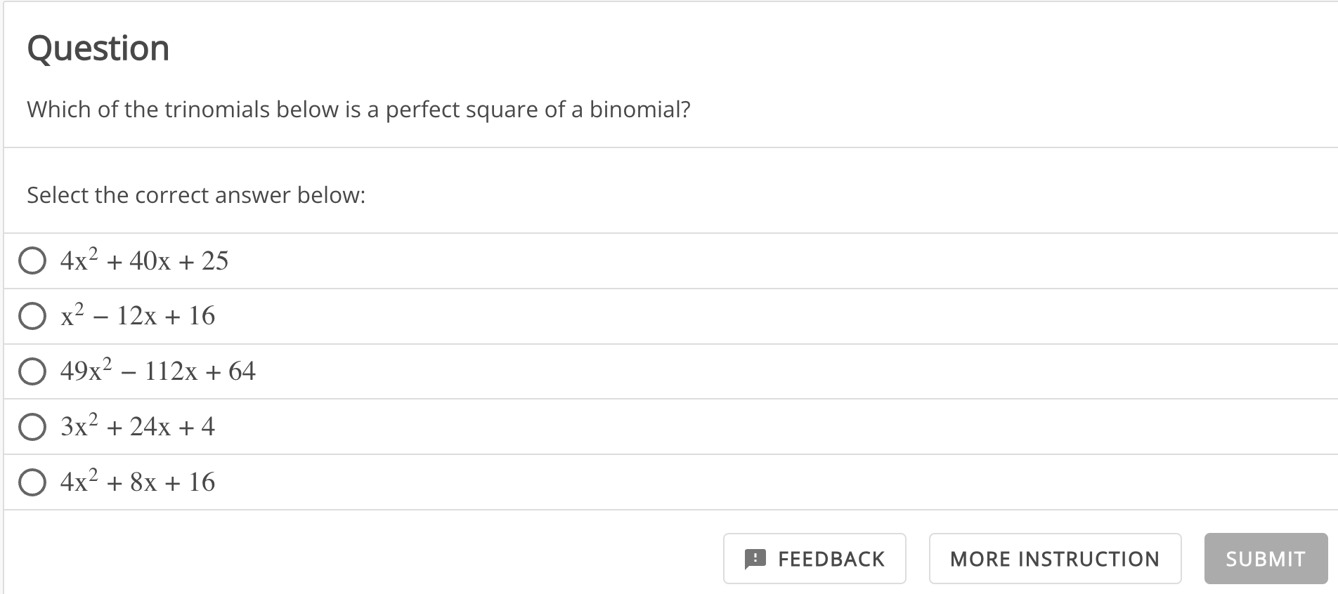 Solved QuestionWhich of the trinomials below is a perfect | Chegg.com