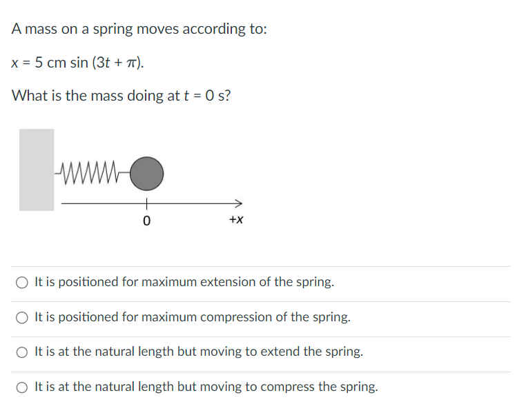 Solved A mass on a spring moves according to: x=5 | Chegg.com