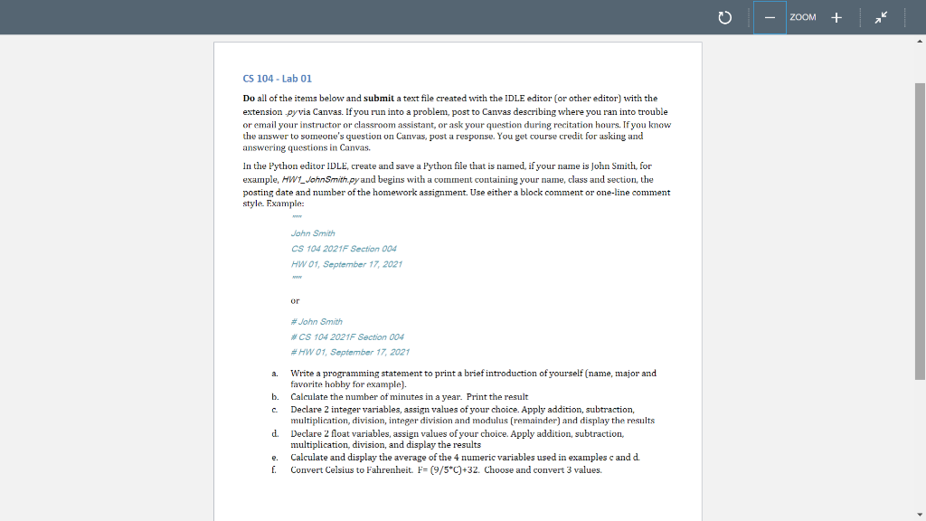 Solved ZOOM + CS 104 - Lab 01 Do all of the items below and | Chegg.com