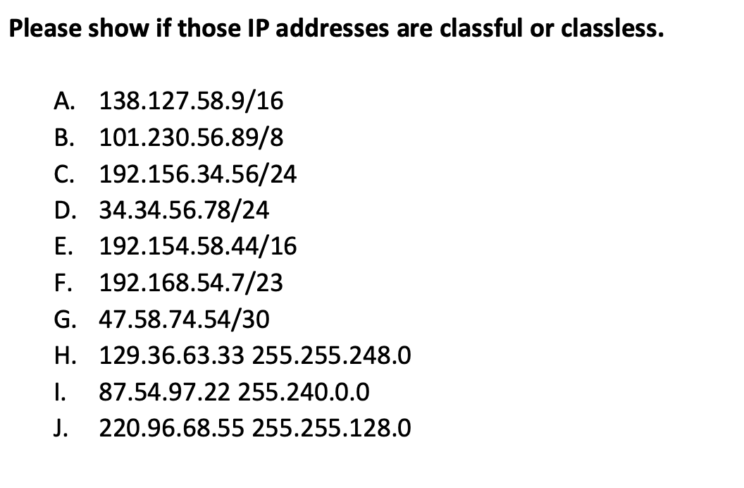 Solved Please show if those IP addresses are classful or | Chegg.com