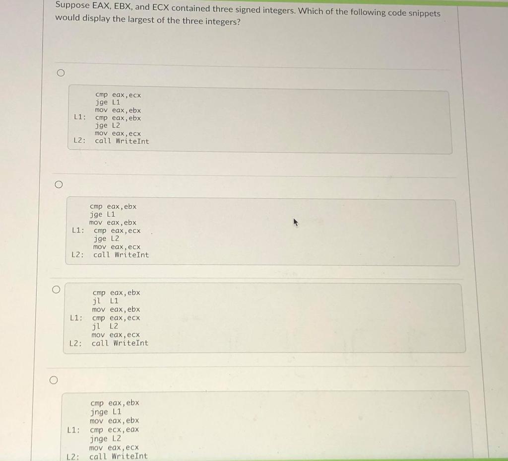 Solved Suppose EAX, EBX, and ECX contained three signed | Chegg.com