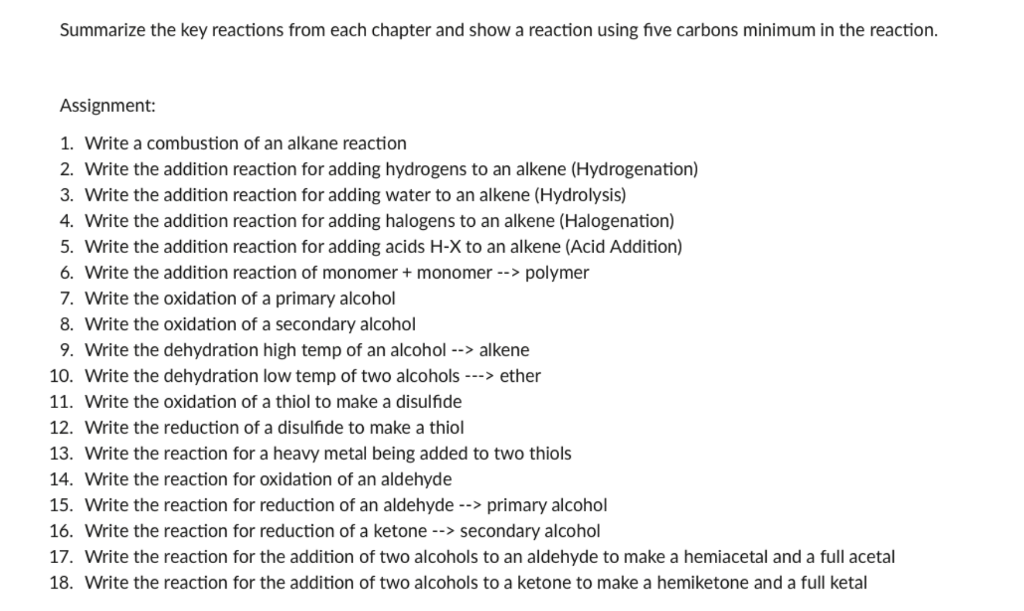 Solved Summarize the key reactions from each chapter and | Chegg.com