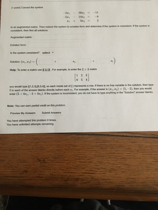 Solved (1 point) Convert the system to an augmented matrix. | Chegg.com