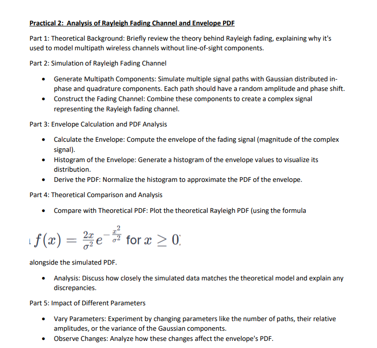 Practical 2: Analysis of Rayleigh Fading Channel and | Chegg.com