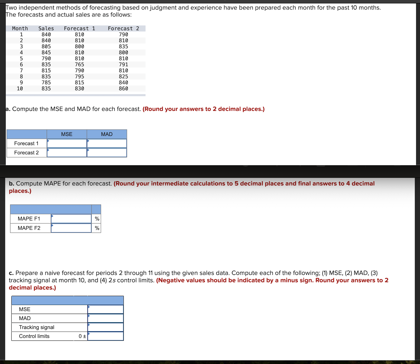 Solved b. ﻿Compute MAPE for each forecast. (Round your | Chegg.com