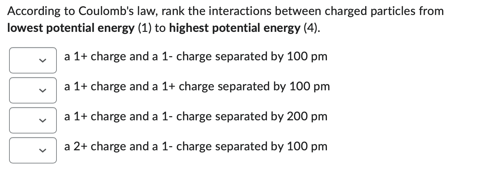 Solved According to Coulomb's law, rank the interactions | Chegg.com