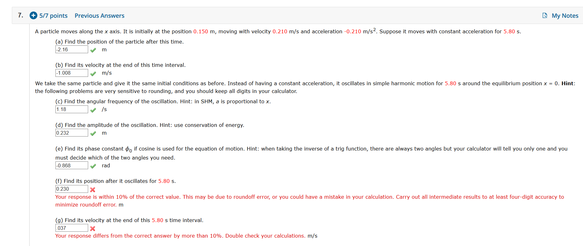 Solved 7. + 5/7 points Previous Answers My Notes A particle | Chegg.com