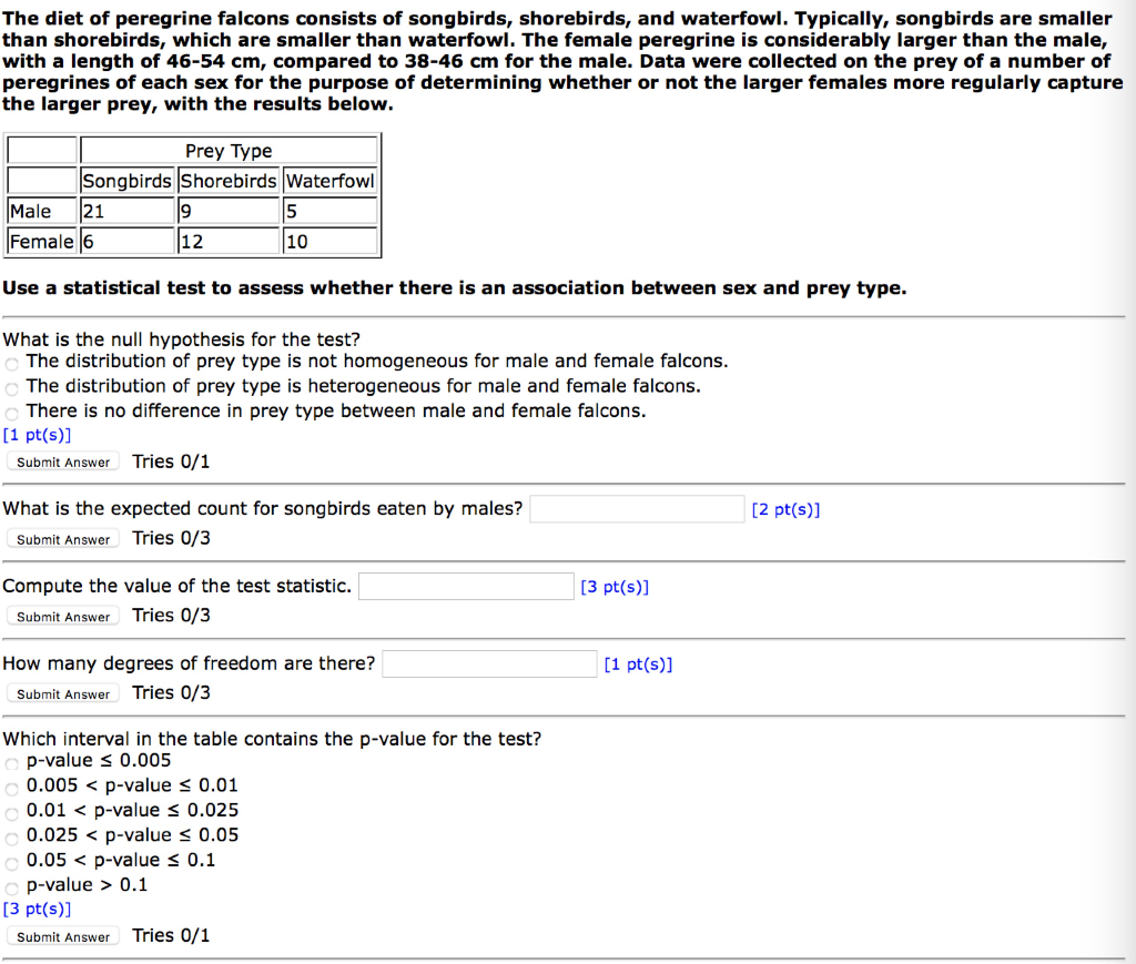 Solved The diet of peregrine falcons consists of songbirds, | Chegg.com