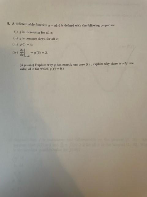 Solved 9. A differentiable function y=g(x) is defined with | Chegg.com