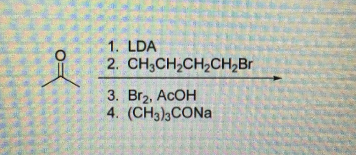 Solved 1. LDA I2. CH3CH2CH2CH2Br 3. Br2, AcOH 4. (CH3)3CONa | Chegg.com